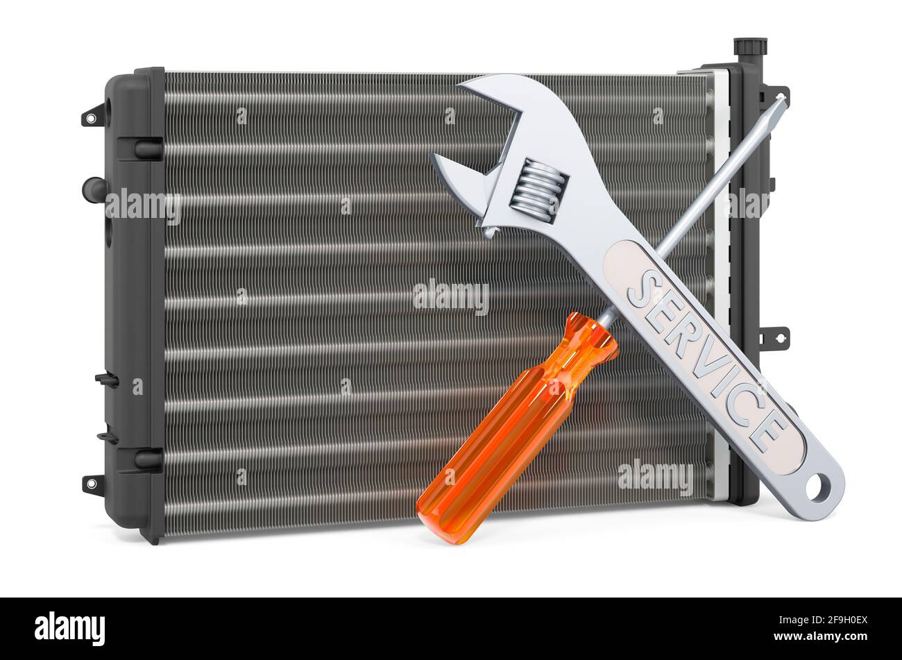 Service and repair of car radiator. 3D rendering isolated on white ...