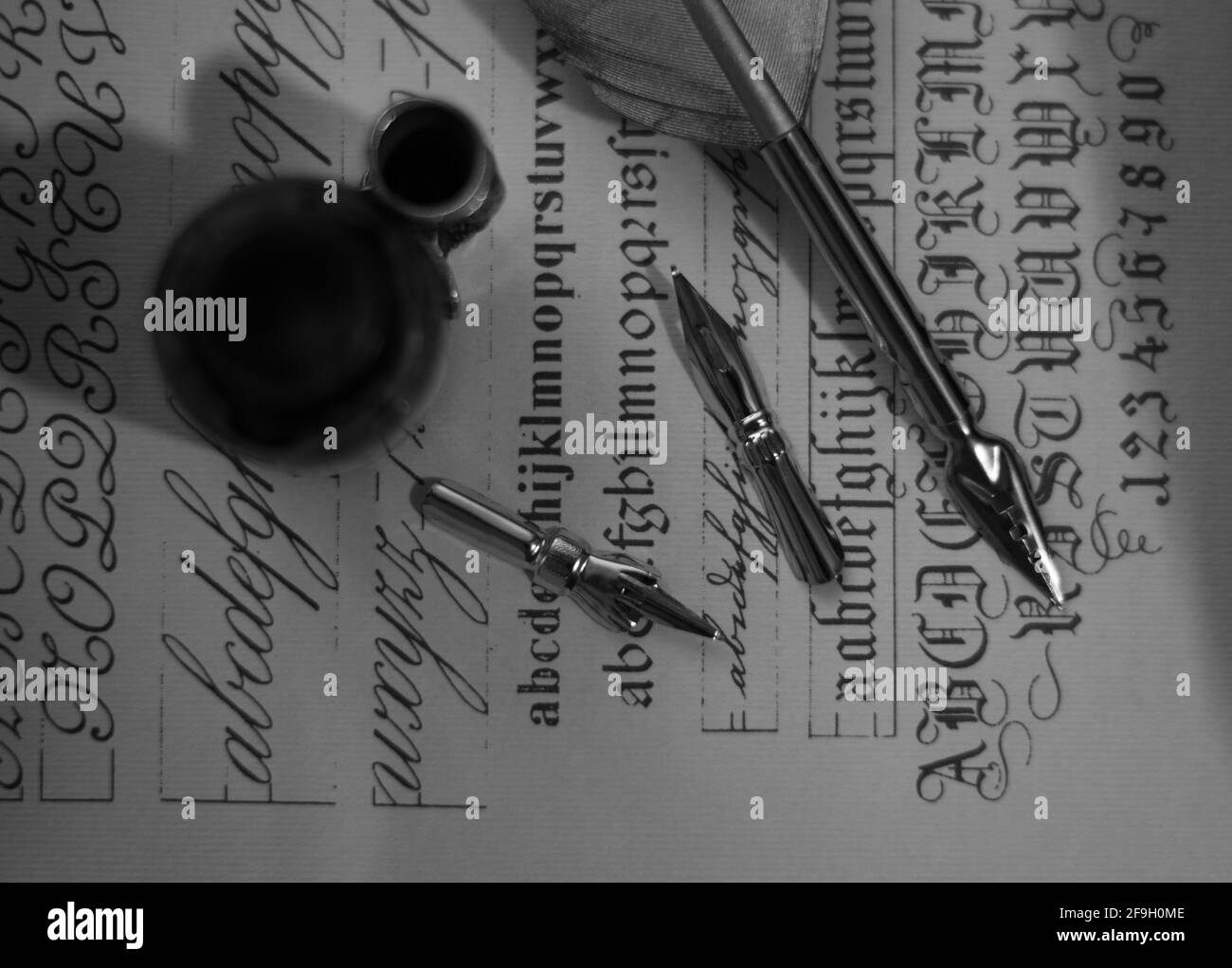 A top view of a quill set and an ink bottle on a piece of paper with ...