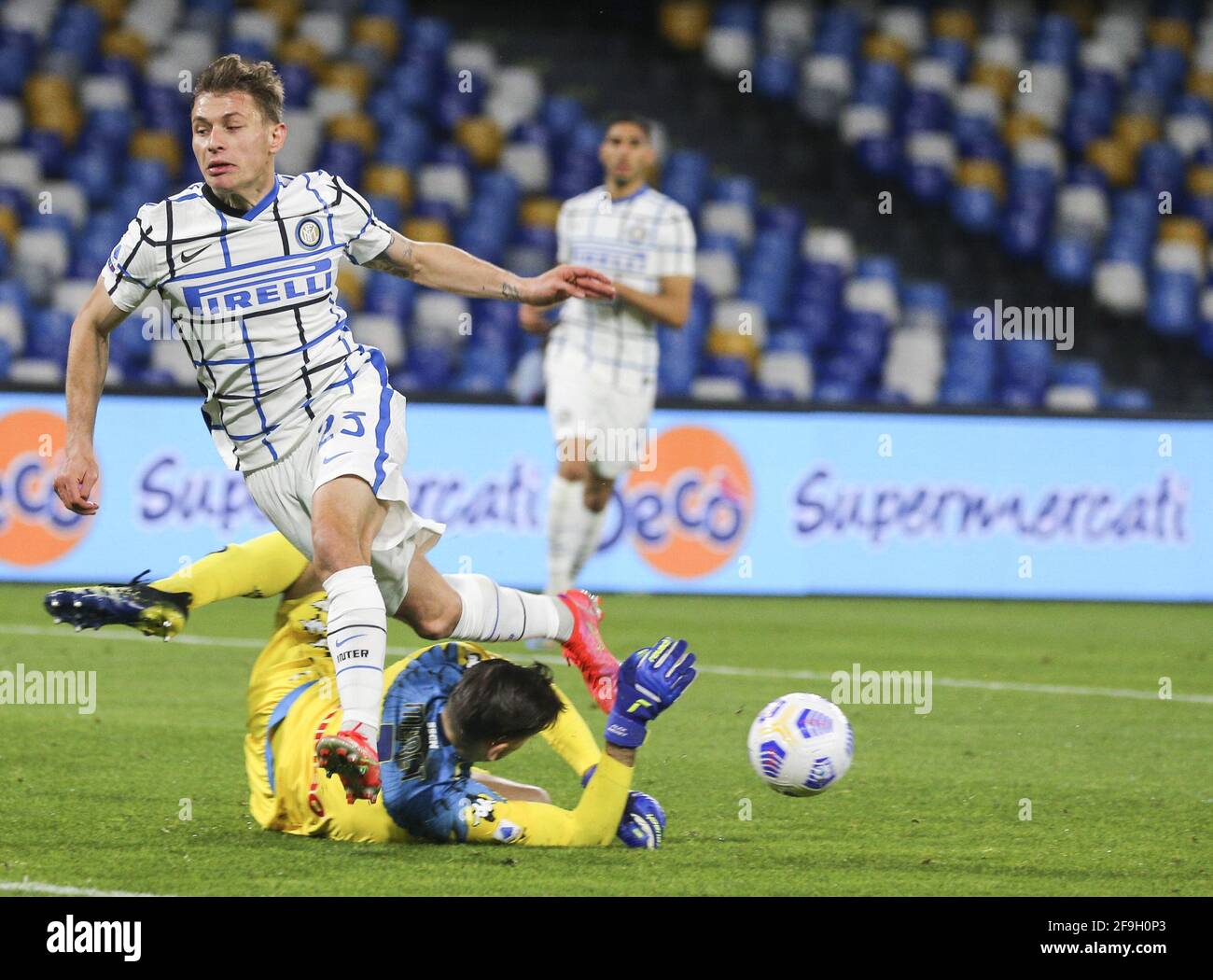 Naples, Campania, Italy. 18th Apr, 2021. Alex Meret denies the goal to NicolÃ² Barella of Inter ...
