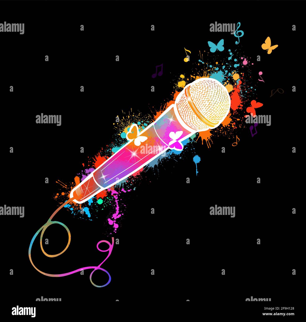 Multicolored microphone with butterflies and notes. Cartoon vector icon ...