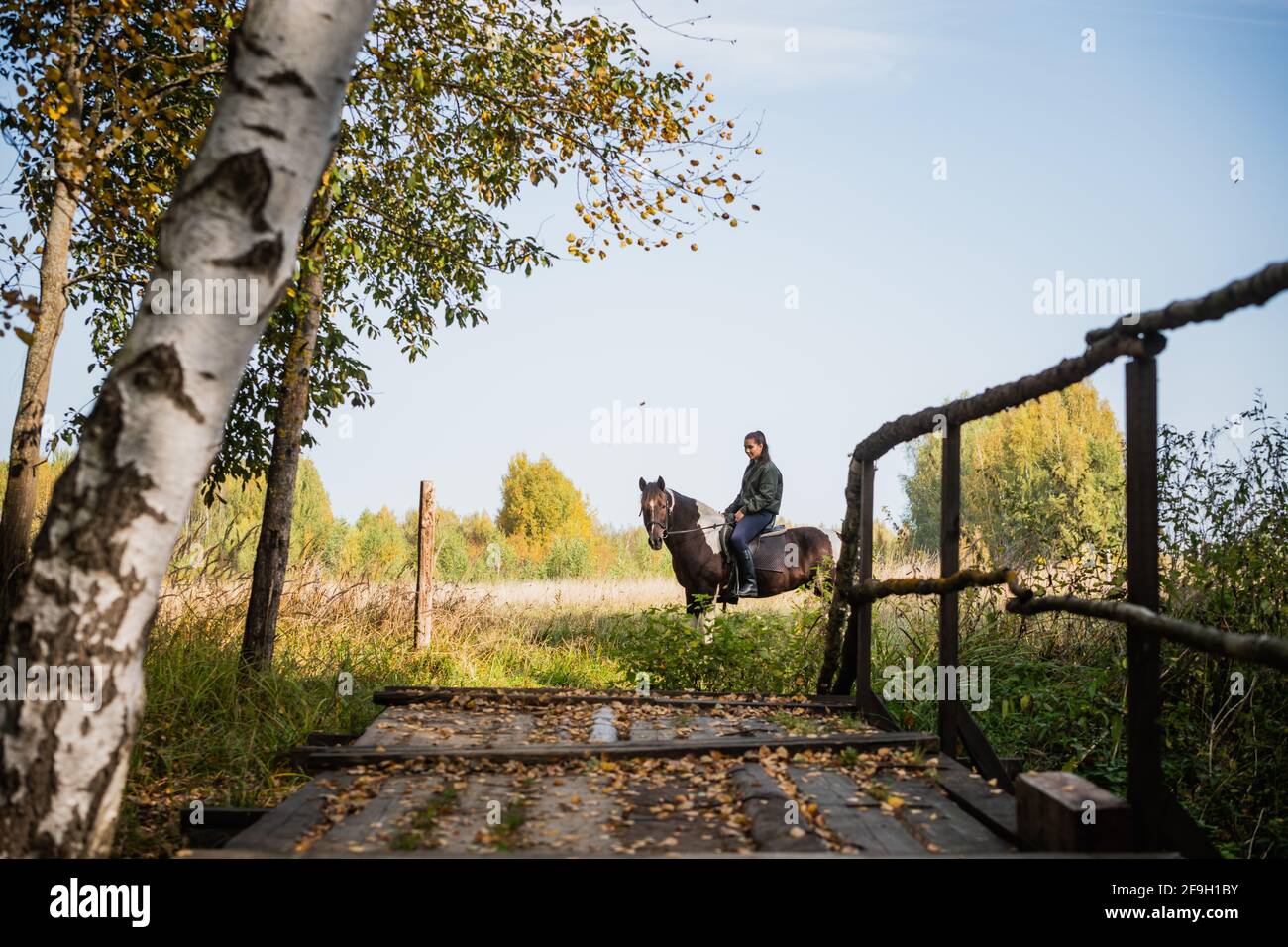 Cute girl-rider rides her fast horse on the territory of the ranch ...