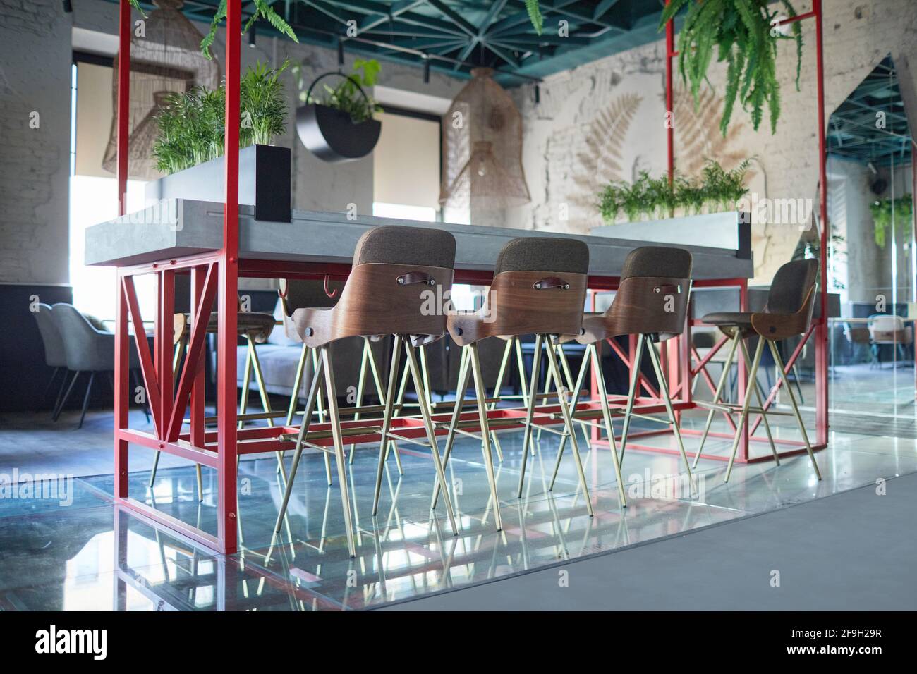 Background image of eco friendly cafe interior with focus on bar stand ...