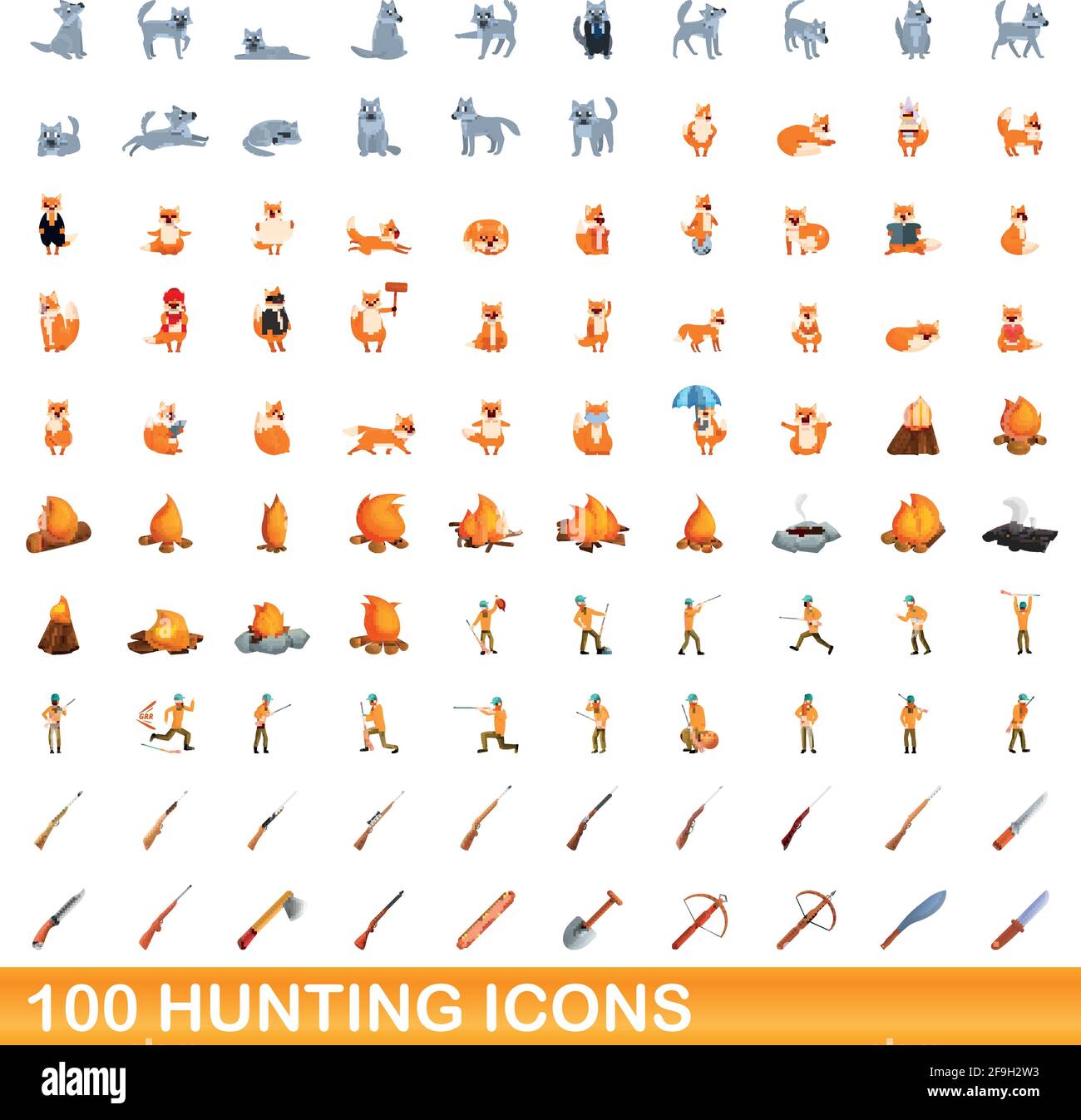 100 hunting icons set. Cartoon illustration of 100 hunting icons vector ...