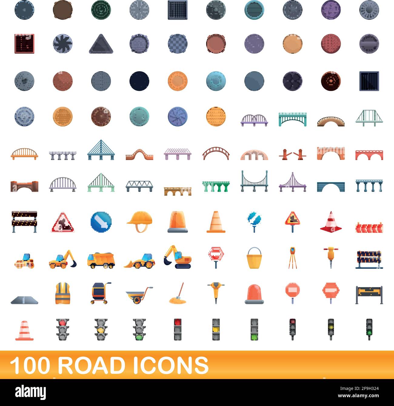 100 road icons set. Cartoon illustration of 100 road icons vector set ...