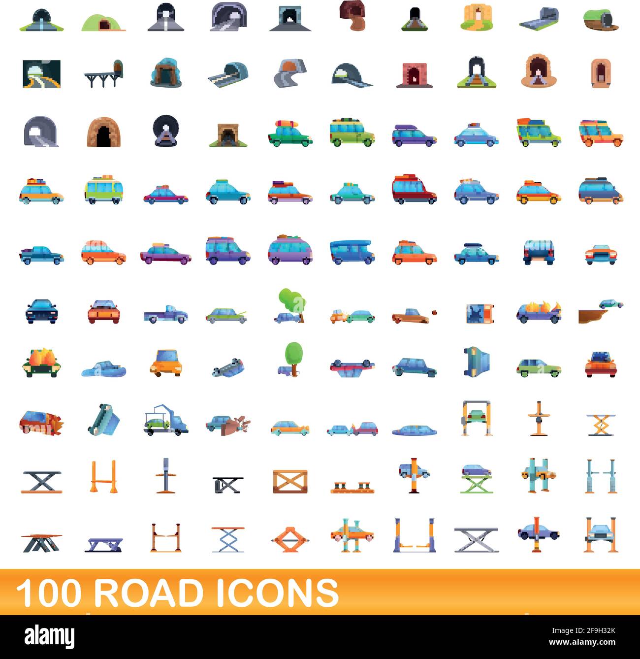 100 road icons set. Cartoon illustration of 100 road icons vector set ...