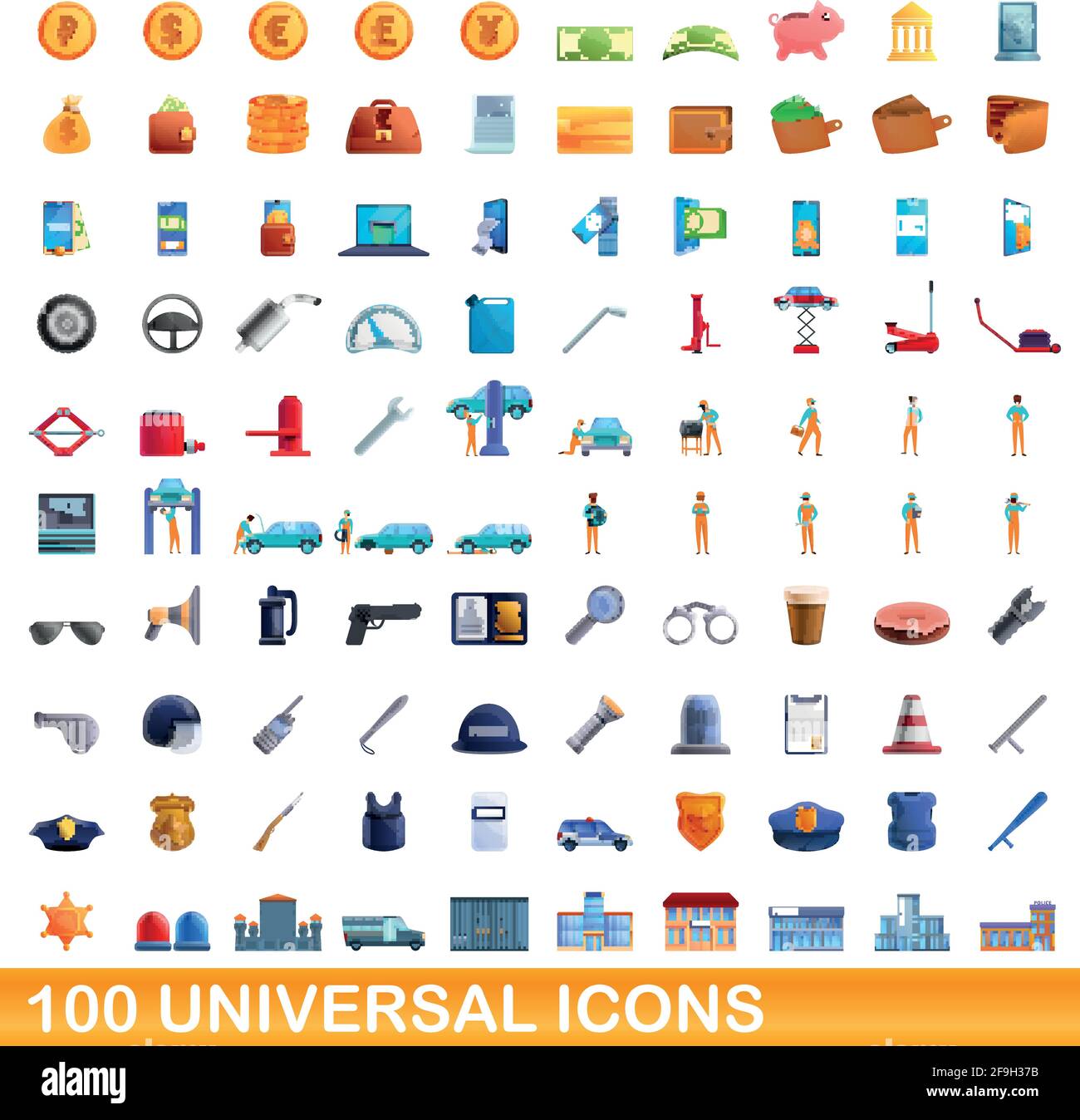 100 universal icons set. Cartoon illustration of 100 universal icons ...