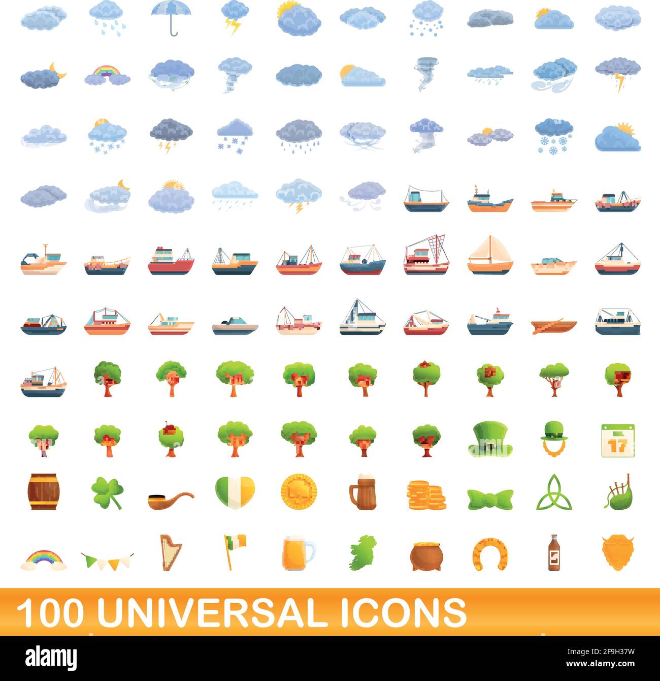 100 universal icons set. Cartoon illustration of 100 universal icons ...