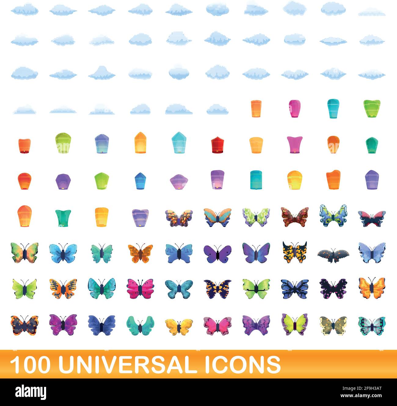 100 universal icons set. Cartoon illustration of 100 universal icons ...