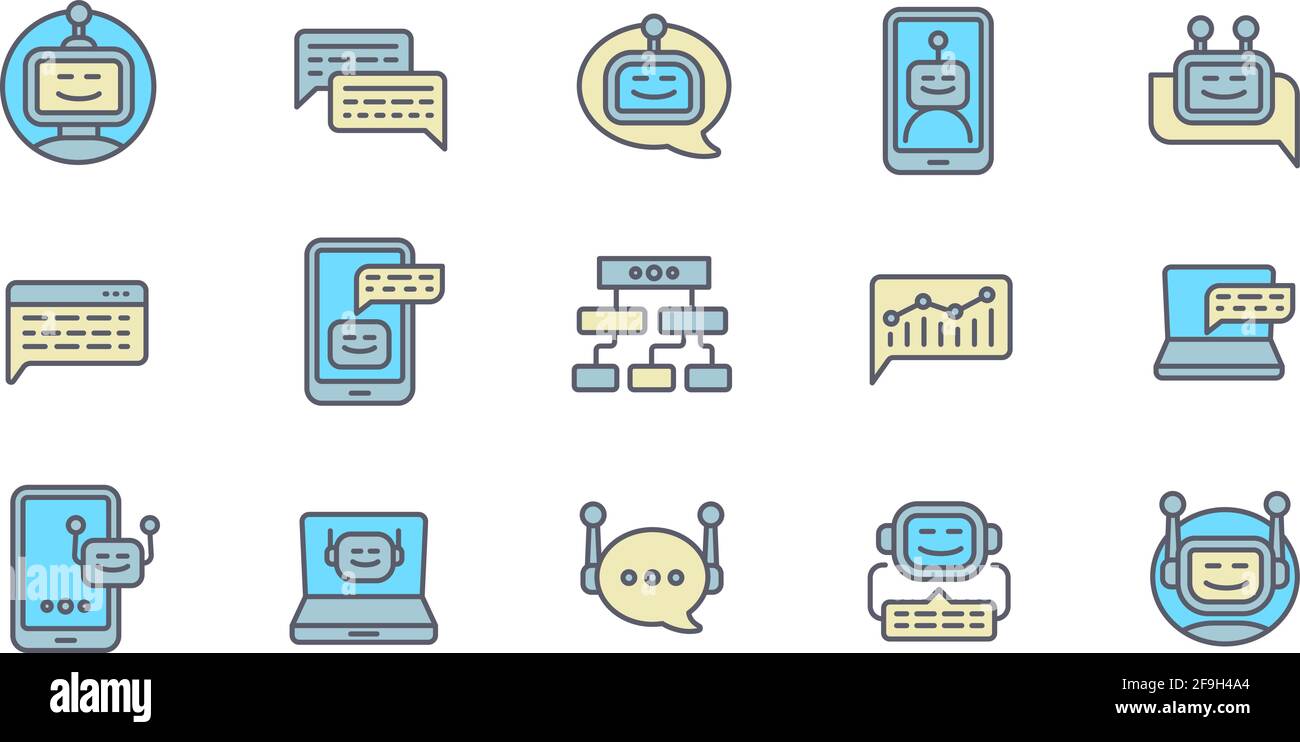 Chatbot icons set. Outline set of chatbot vector icons for web design isolated on white ...