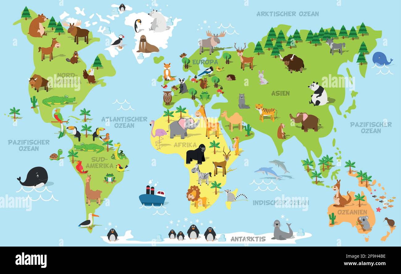 Funny cartoon world map in german with traditional animals of all the ...