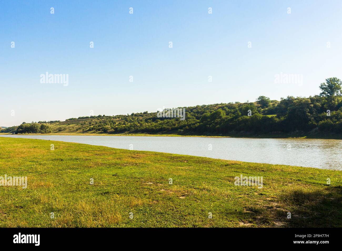 Beautiful landscape of river flowing amid the green field and the dense ...