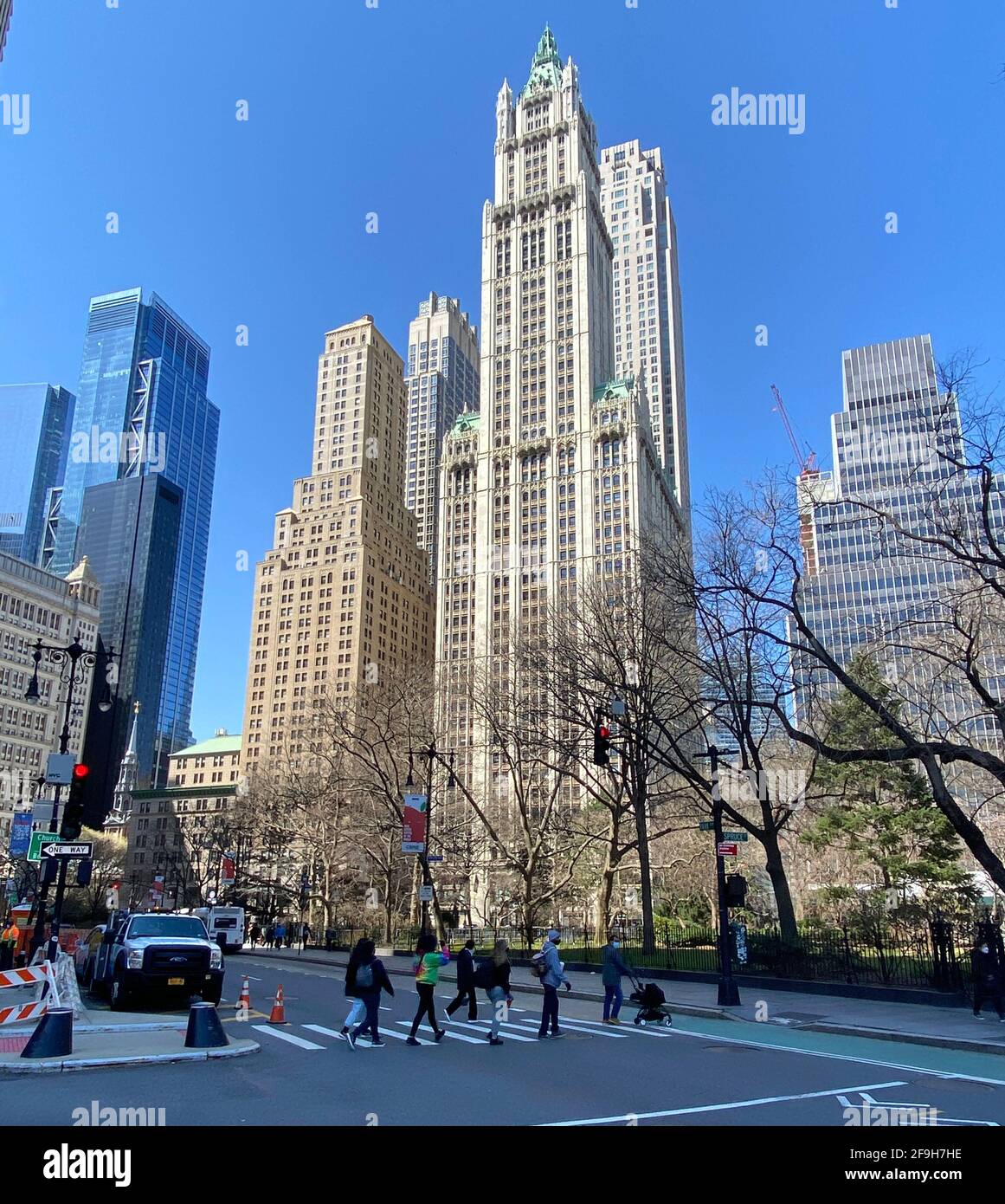 Looking across Park Row in the financial district at the Woolworth ...