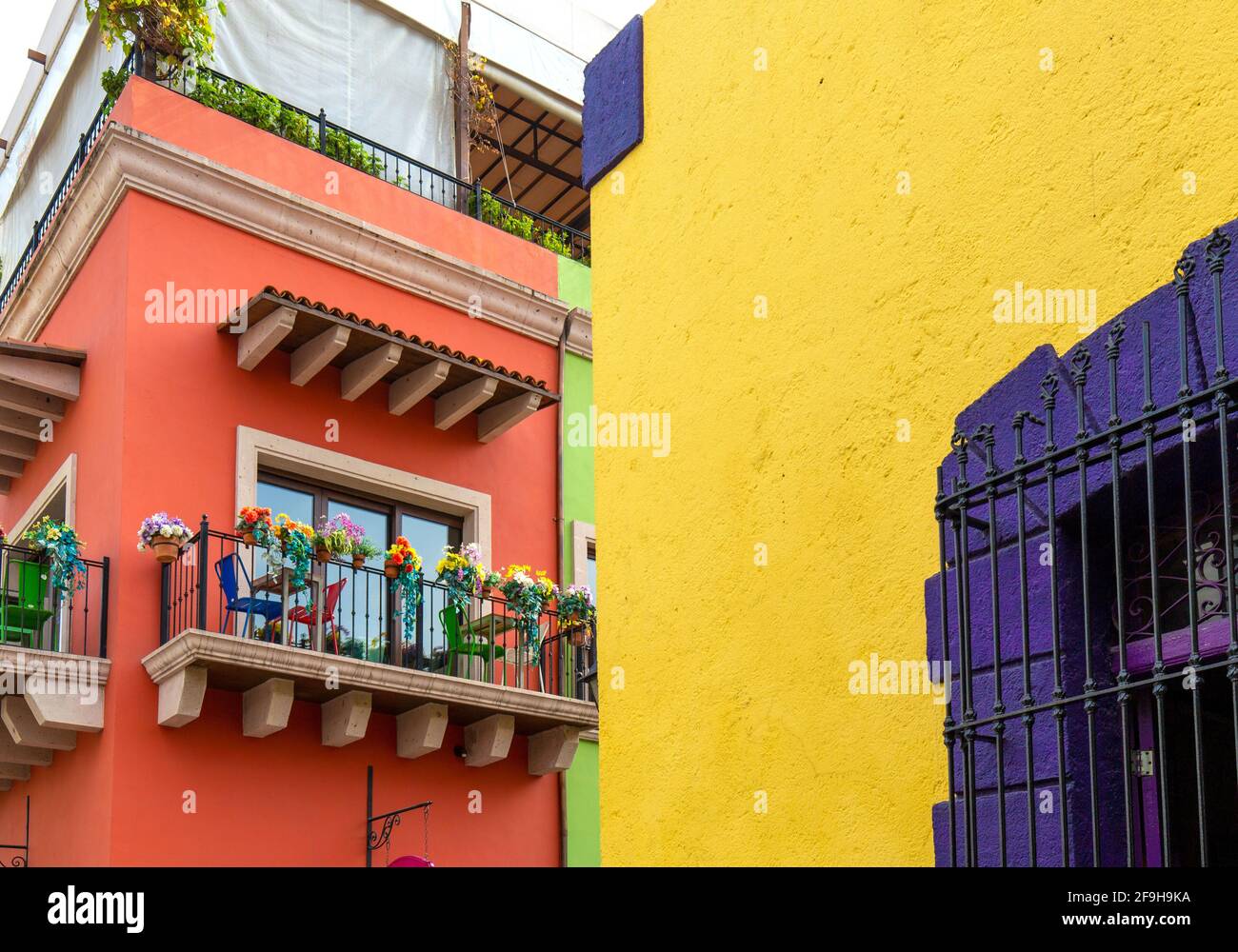 Mexico, Monterrey, colorful historic buildings in the center of the old ...