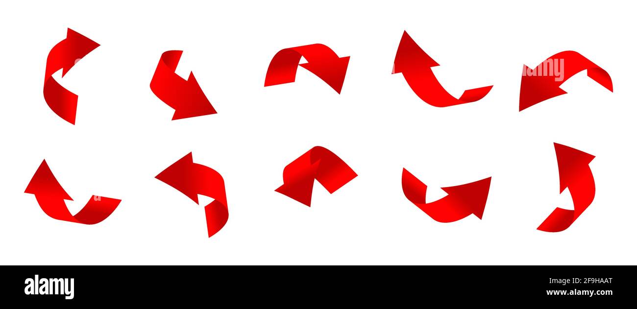 Gradient red curved arrows 3d set. Icons of cursor or direction ...