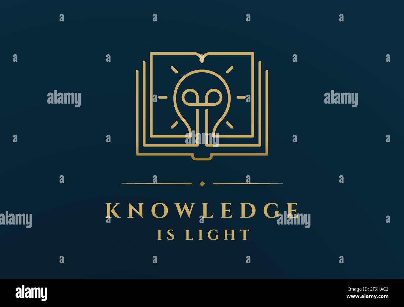 Linear golden book with light bulb depicted over Knowledge Is Light ...