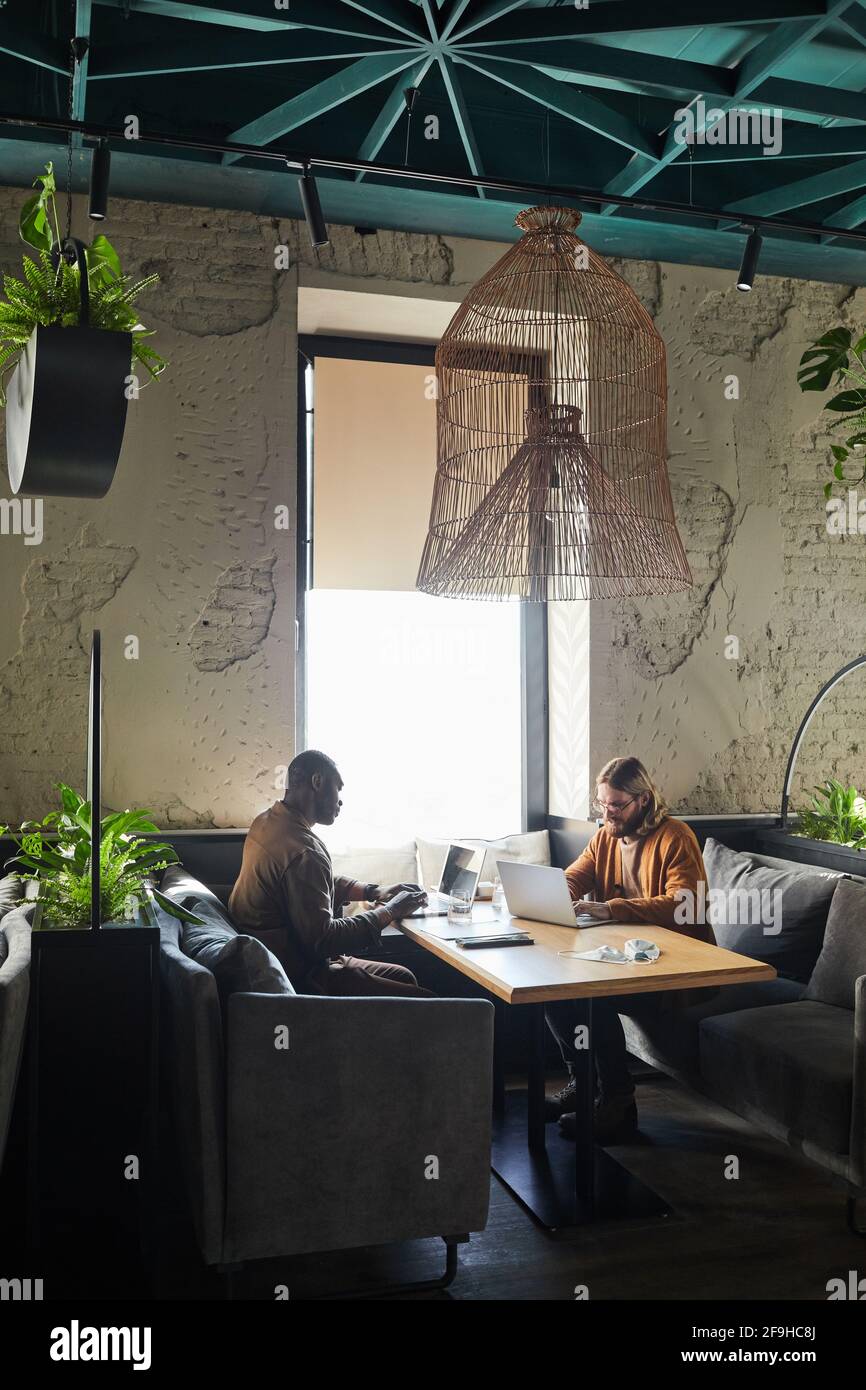 Vertical wide angle portrait of two contemporary men using laptops ...