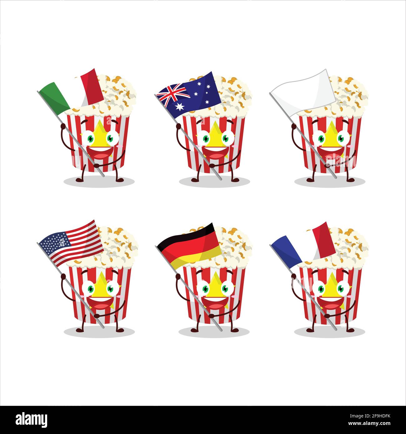 Pop corn cartoon character bring the flags of various countries. Vector ...