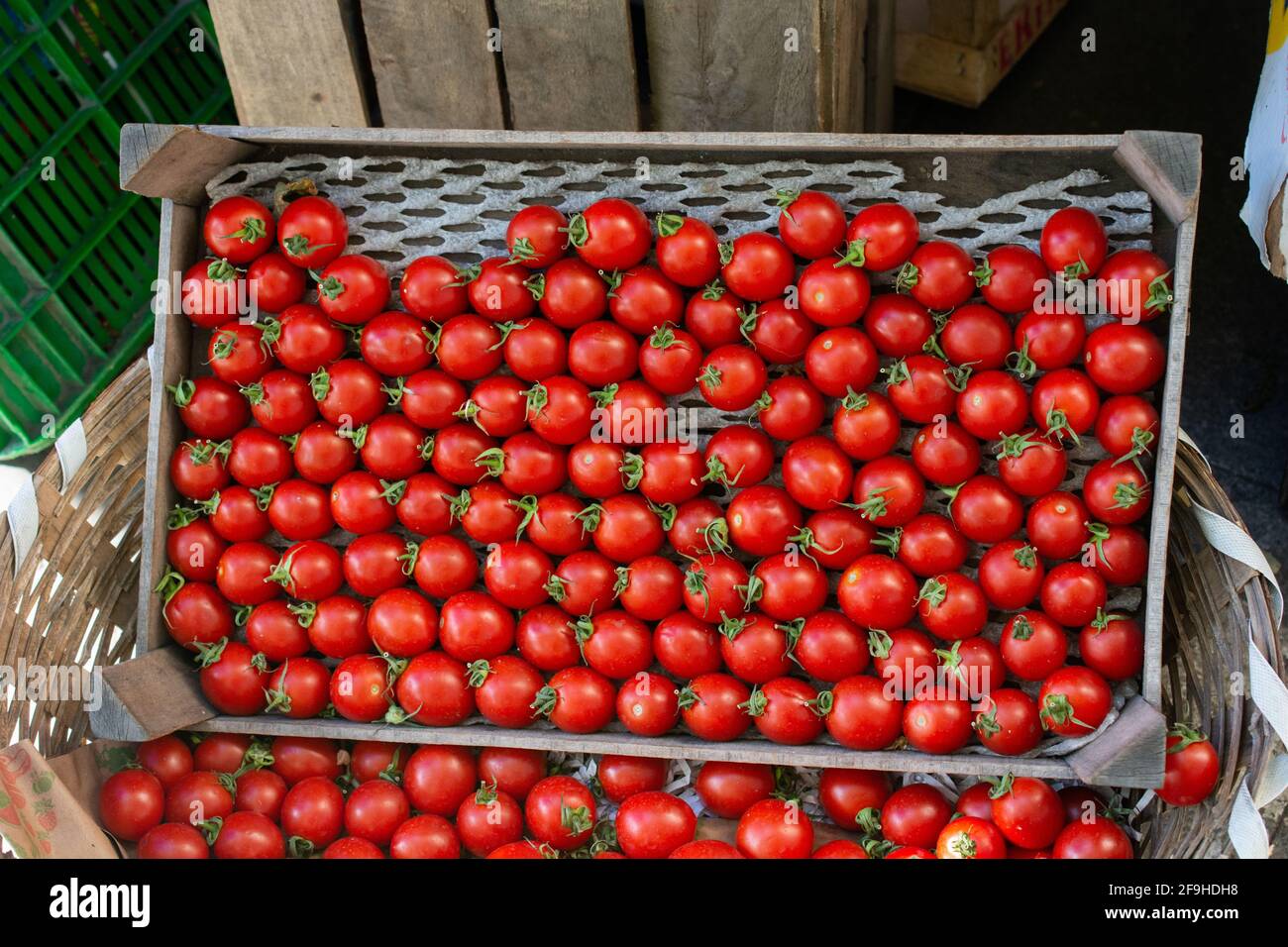 Fresh tomatoin crates at grocery store for food backgrounds concept ...