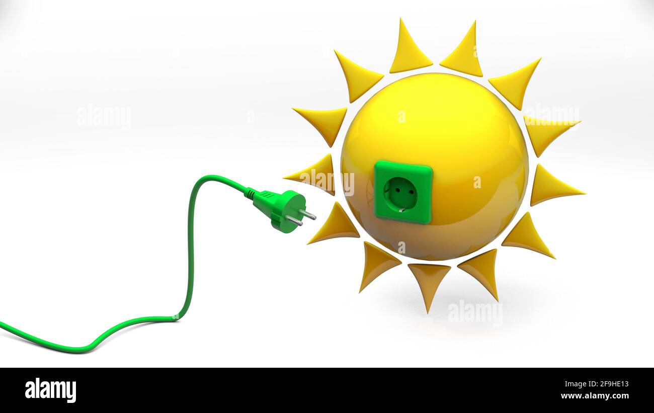 Solar energy. Sun with a socket and a green cable with a plug. isolated ...