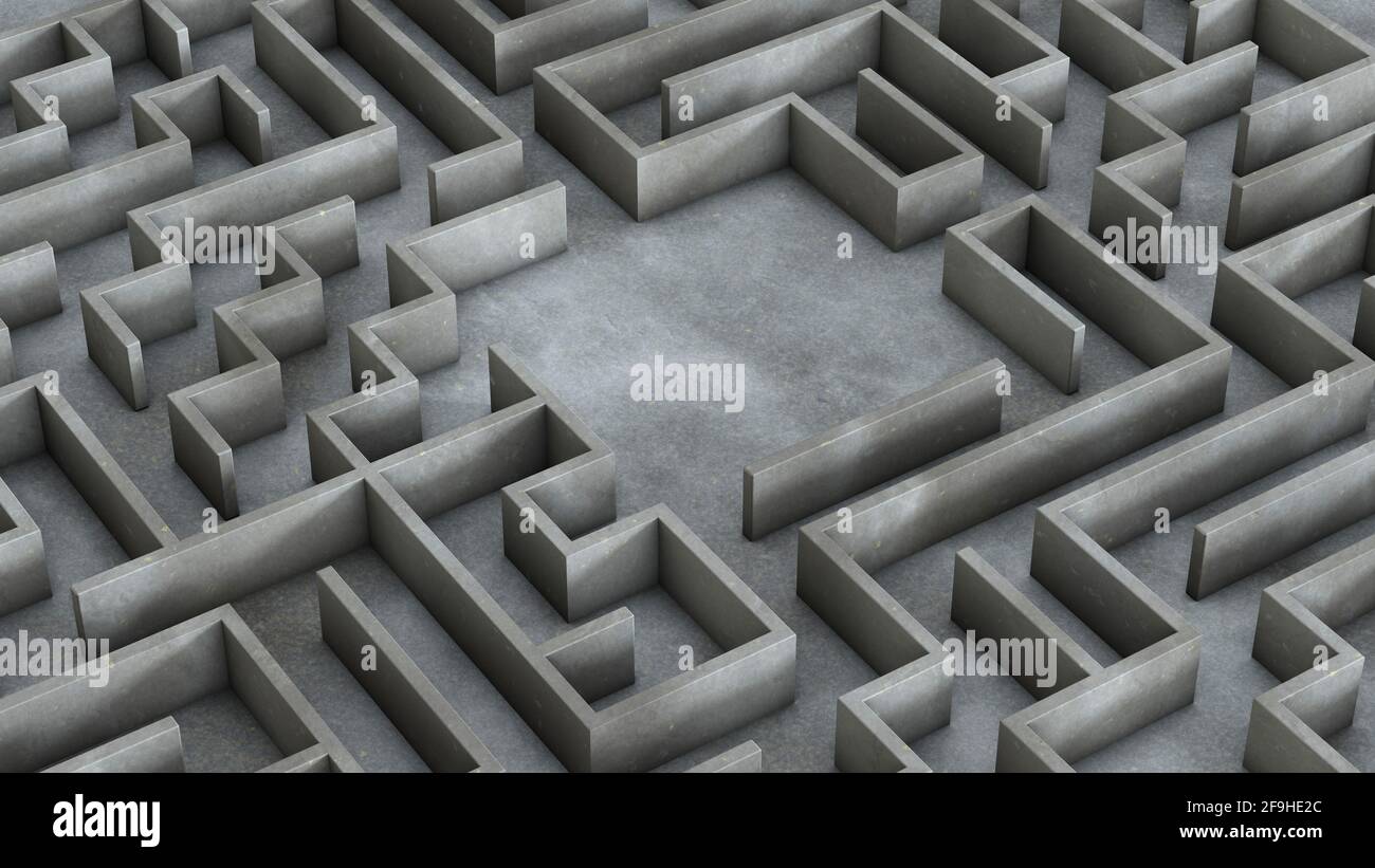 Labyrinth with concrete walls and an empty area inside. 3d render Stock ...