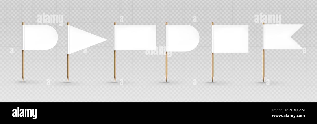 Toothpick flags, white banners of different shapes on wooden pointed ...
