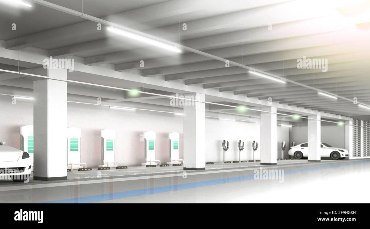 parking lot 3d render background. ev charger car parking area. car park ...