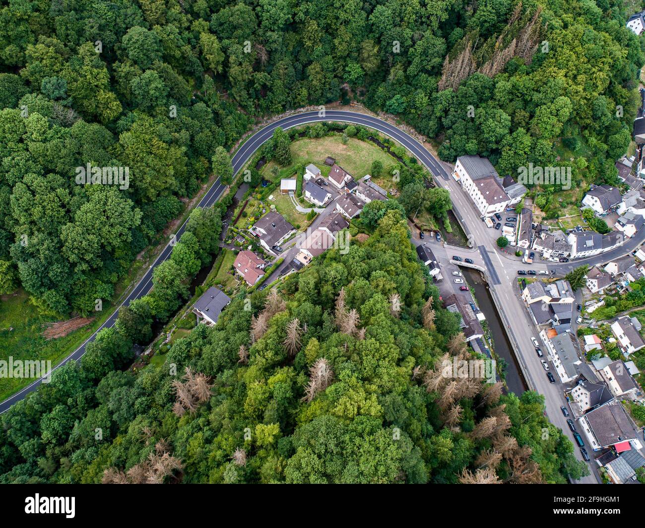 Winding road serpentine from a high pass in the rhine village Isenburg ...