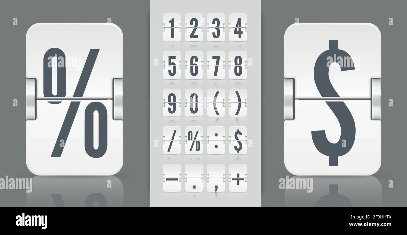 Flip numbers and symbols font for information web page or time counter. White analog countdown ...