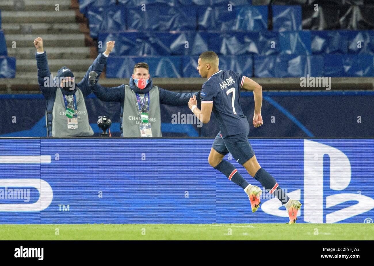 Two ball boys cheer after a hit from Kylian MBAPPE (PSG) (who is not ...