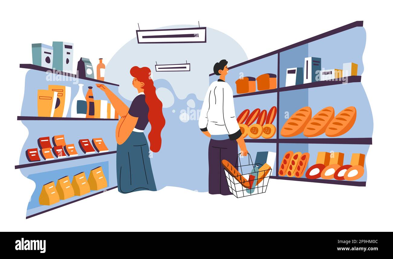 People shopping in supermarket choosing products Stock Vector Image ...