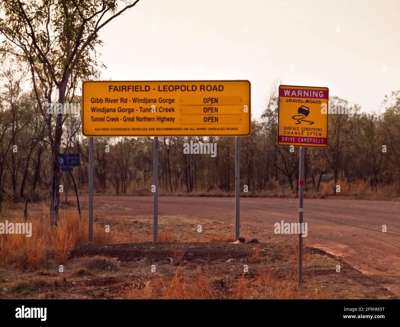 Road advisory sign for Fairfield-Leopold Rd at Gibb River Road junction ...