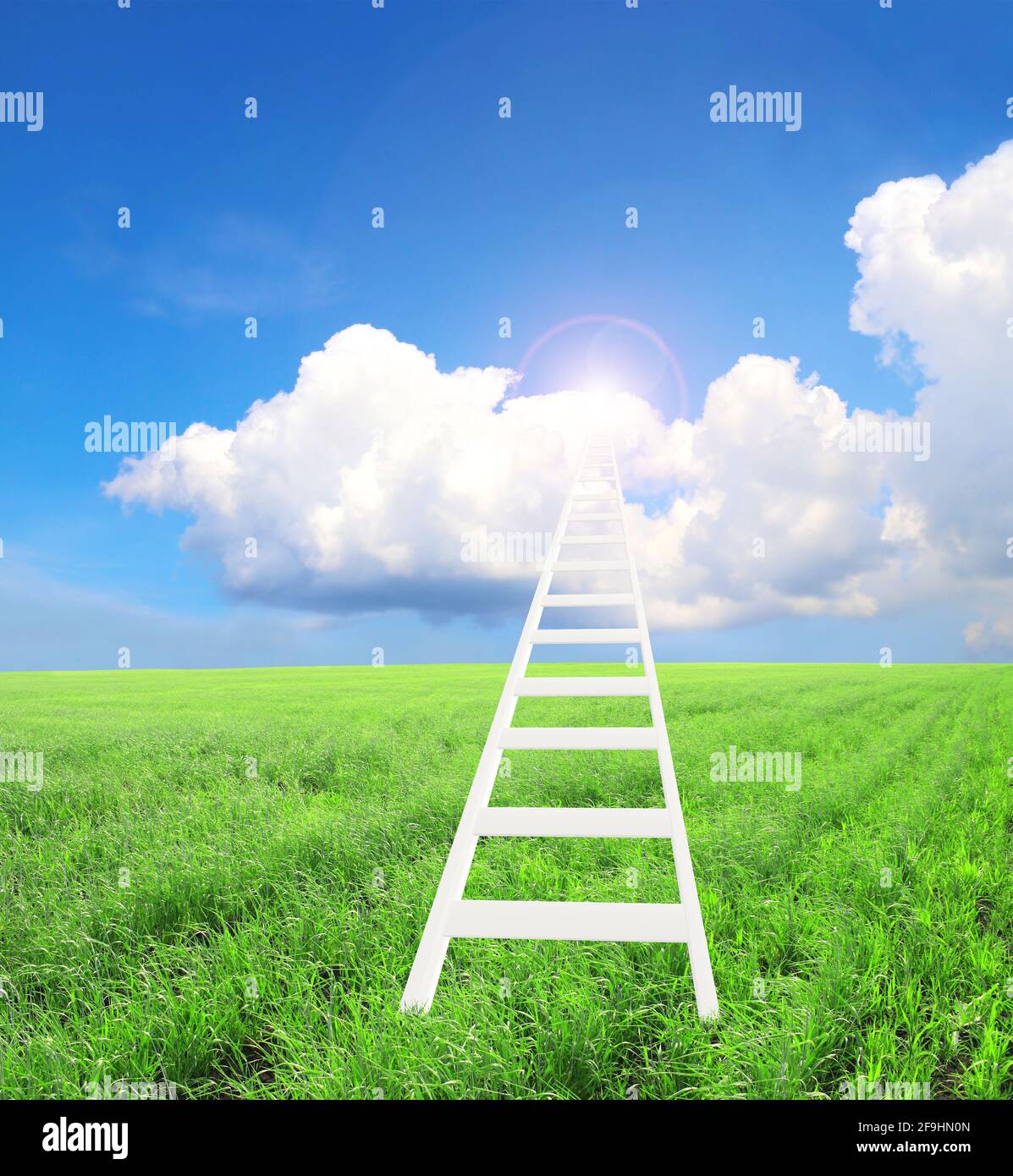 Concept - Ladder to heaven. Stair leading to white clouds in blue sky ...