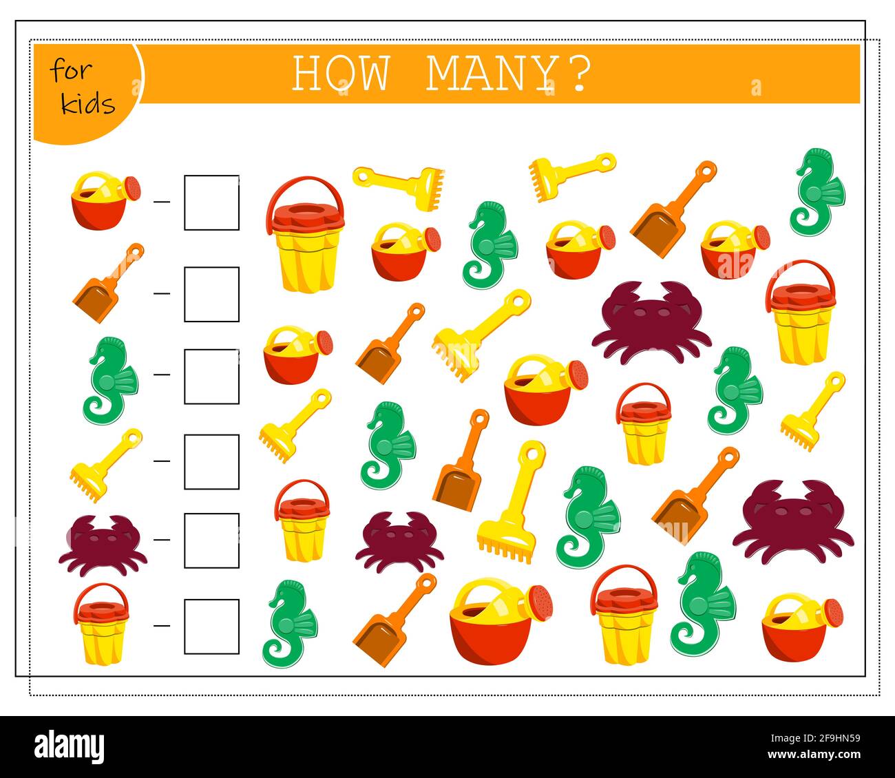 A math game for kids. Count the number of sand toys. Bucket, shovel ...