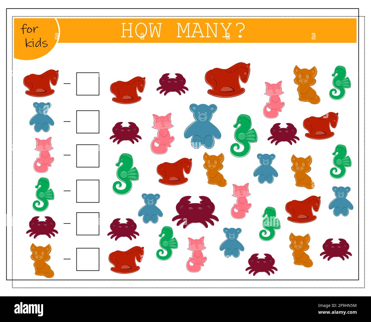 A math game for kids. Count the number of sand toys. Sand molds, crab ...