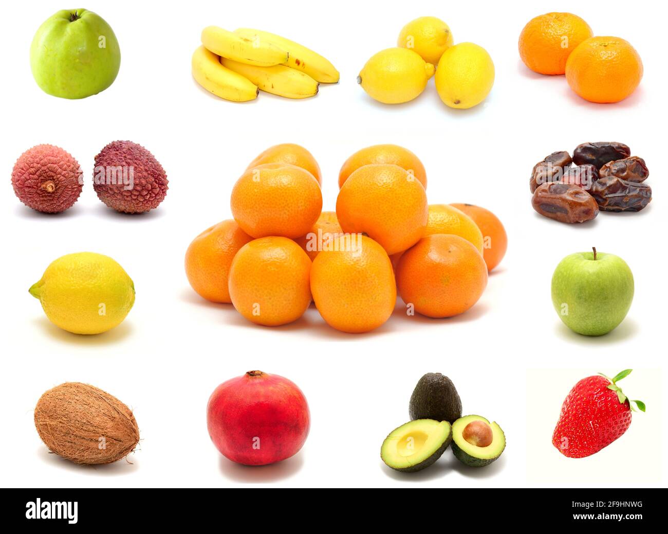 A photo collection collage of tasty fresh fruits on white background ...
