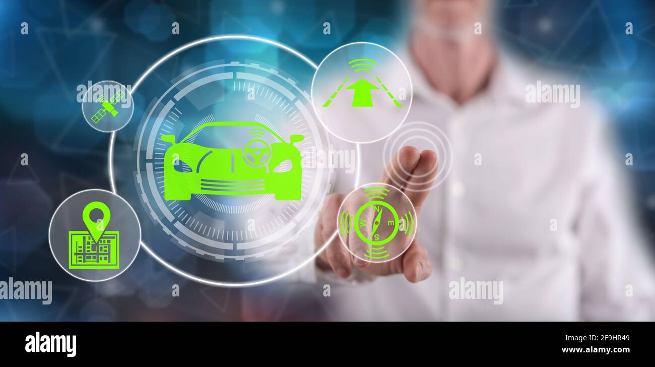 Man touching a driverless car concept on a touch screen with his finger ...
