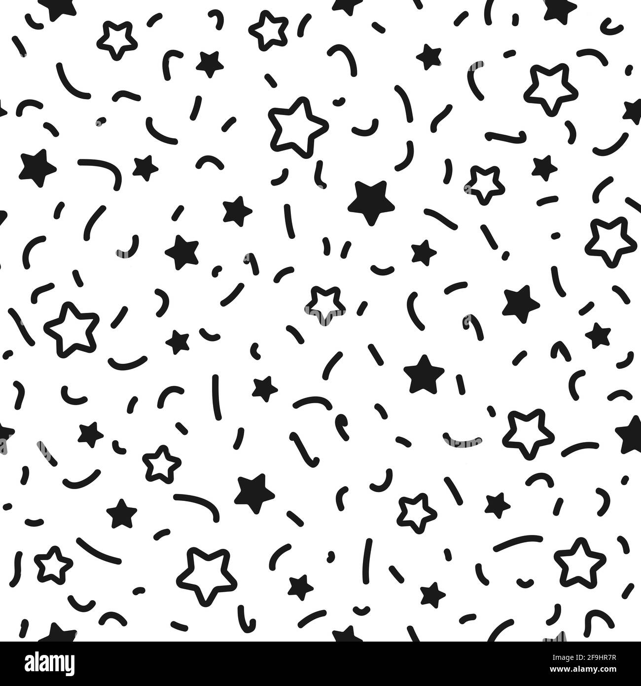Seamless pattern with little rounded back stars, dots and strokes on ...