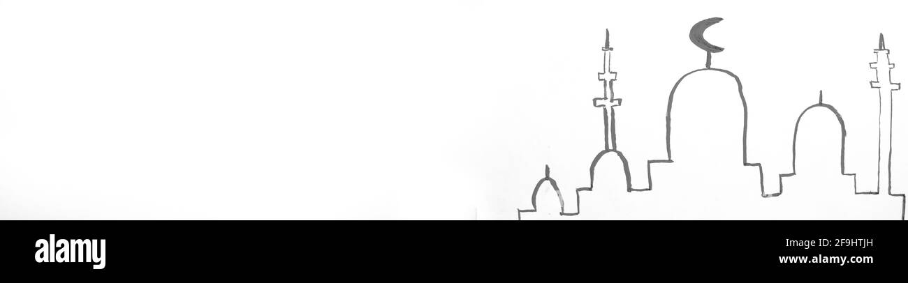 Black and white handmade watercolor drawing silhouette of mosque ...