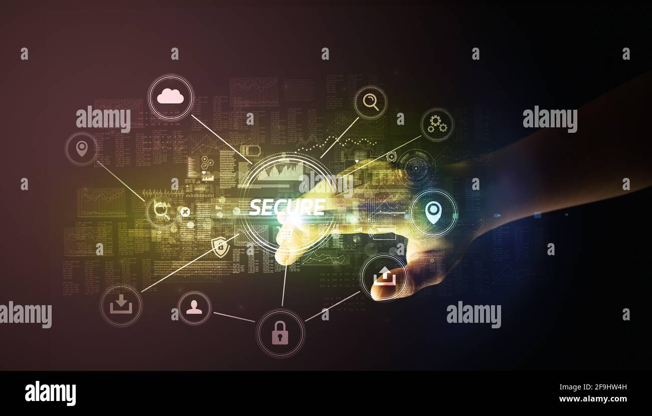 Hand touching cybersecurity button concept Stock Photo - Alamy