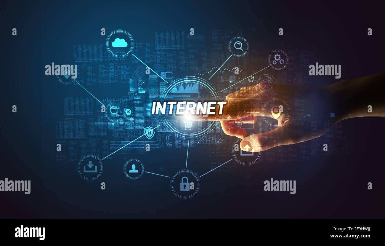 Hand touching cybersecurity button concept Stock Photo - Alamy