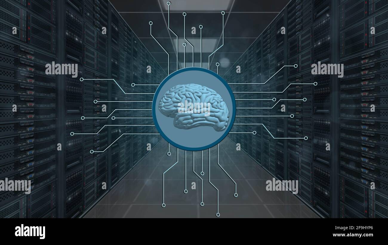 Human brain symbolic for AI Artificial Intelligence centered into information connecting lines ...