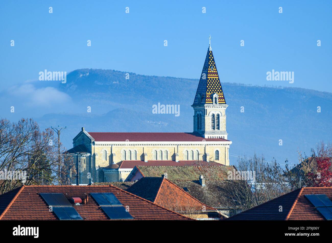 Perspective drone shot with side view of Church Église Sainte Olive ...