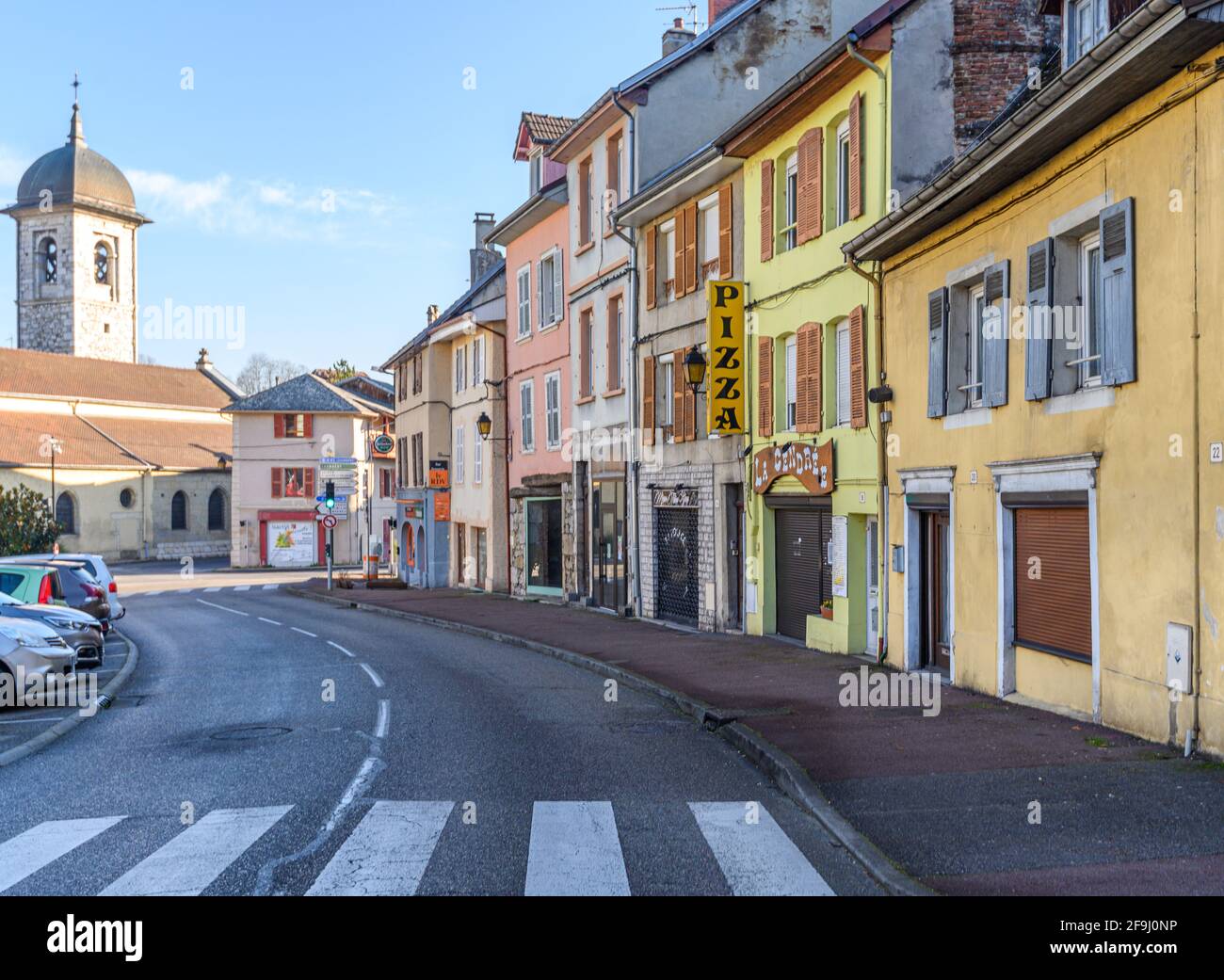 Beautiful street view featuring Pizza Place of a small town of France ...