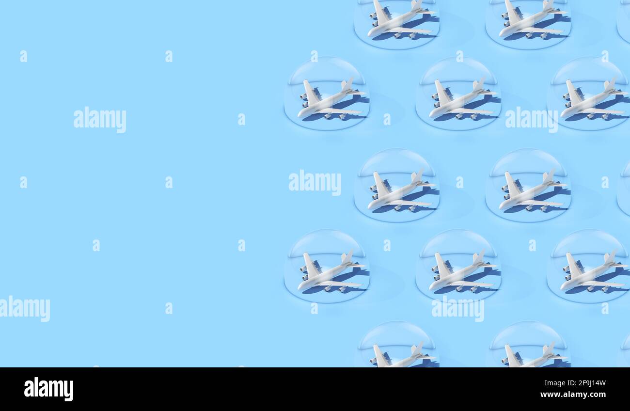 Coronavirus flight bubble concept. Airplane in a bubble. 3D Rendering ...