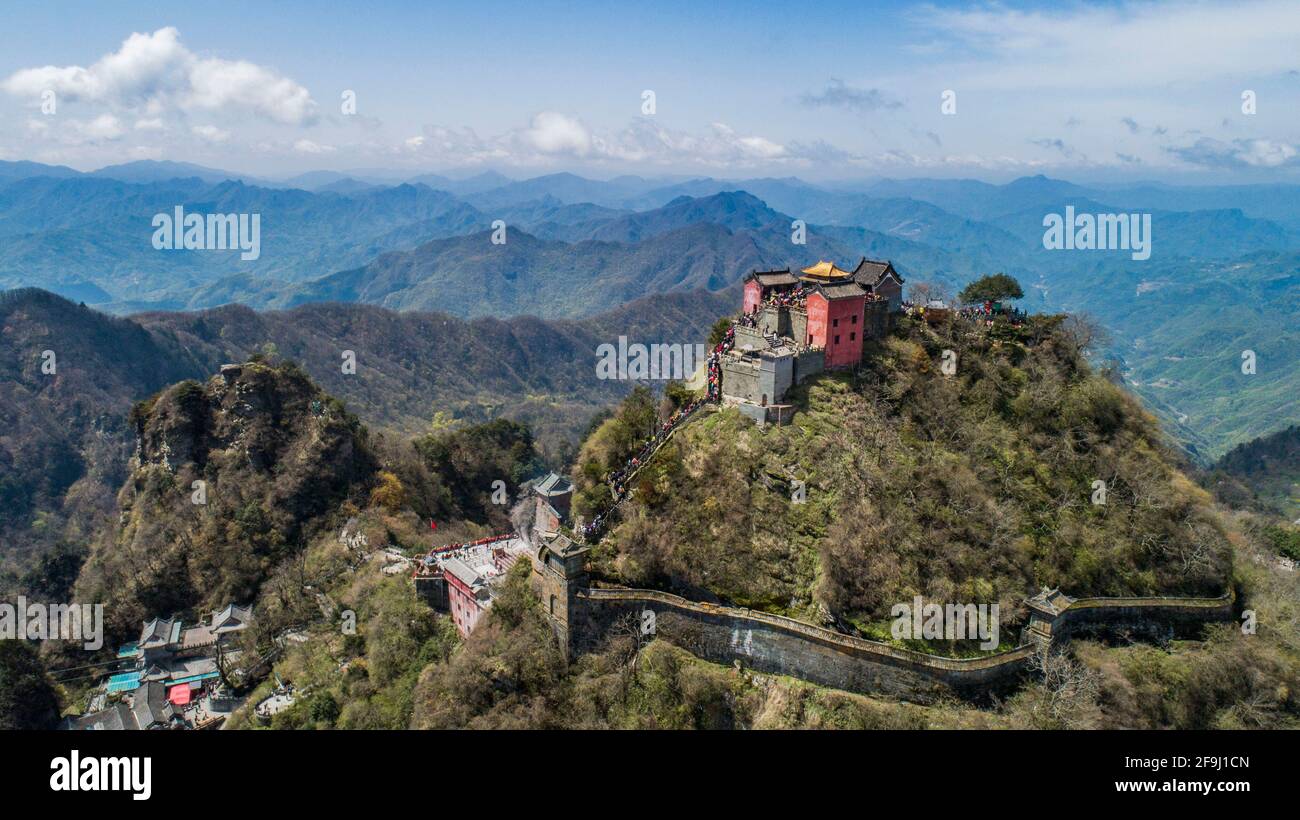 SHIYAN, CHINA - APRIL 15, 2021 - Aerial view of the golden roof of ...