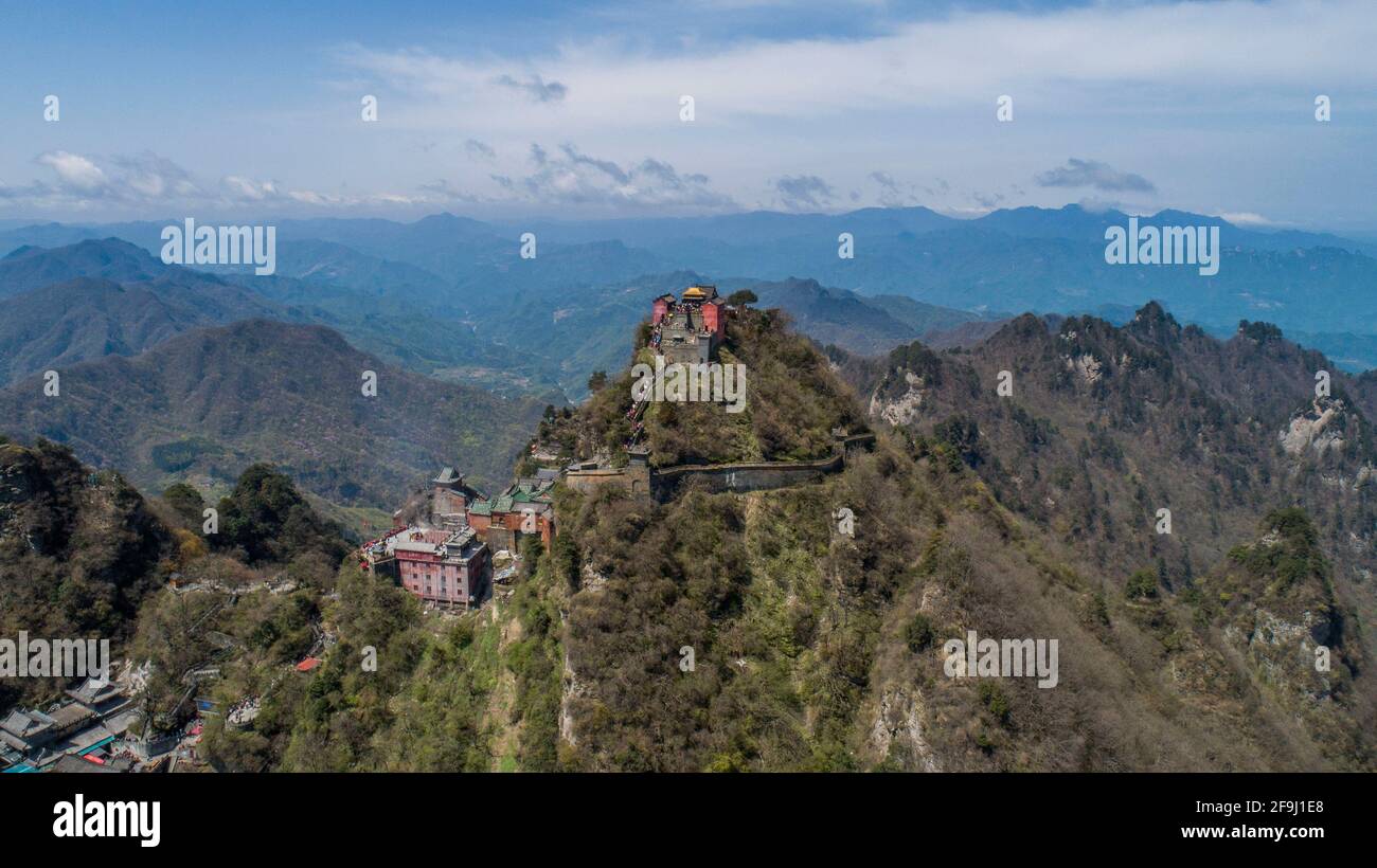 SHIYAN, CHINA - APRIL 15, 2021 - Aerial view of the golden roof of ...
