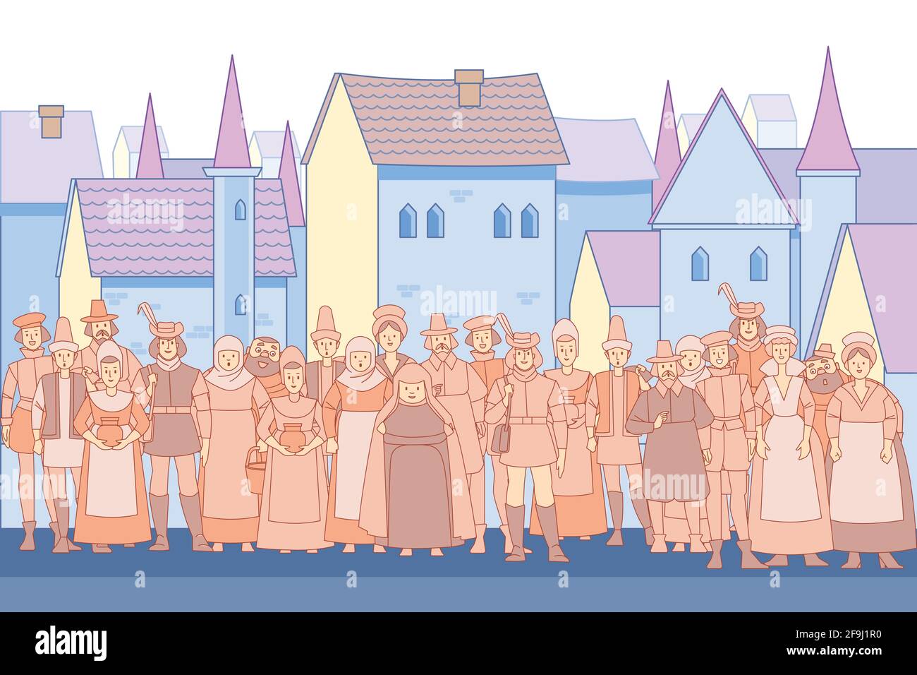 Fabulous background with medieval crowd people and medieval city. Old ...