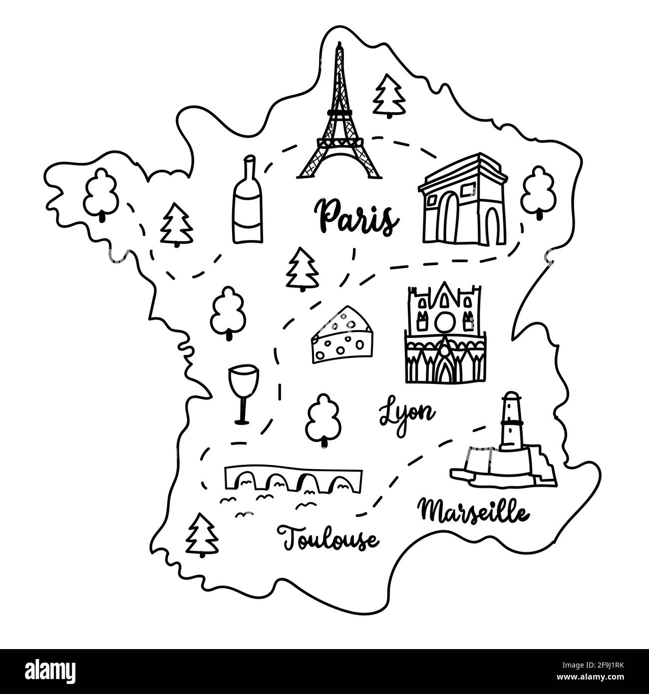hand drawn doodle illustrated map of France with famous landmarks ...
