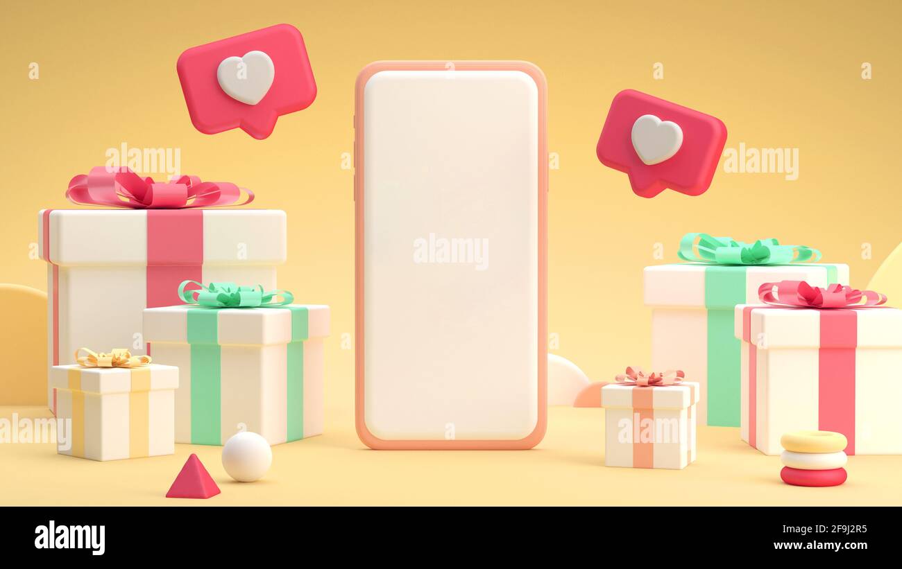 Smartphone mockup blank screen with gifts in a colorful and funny 3D ...