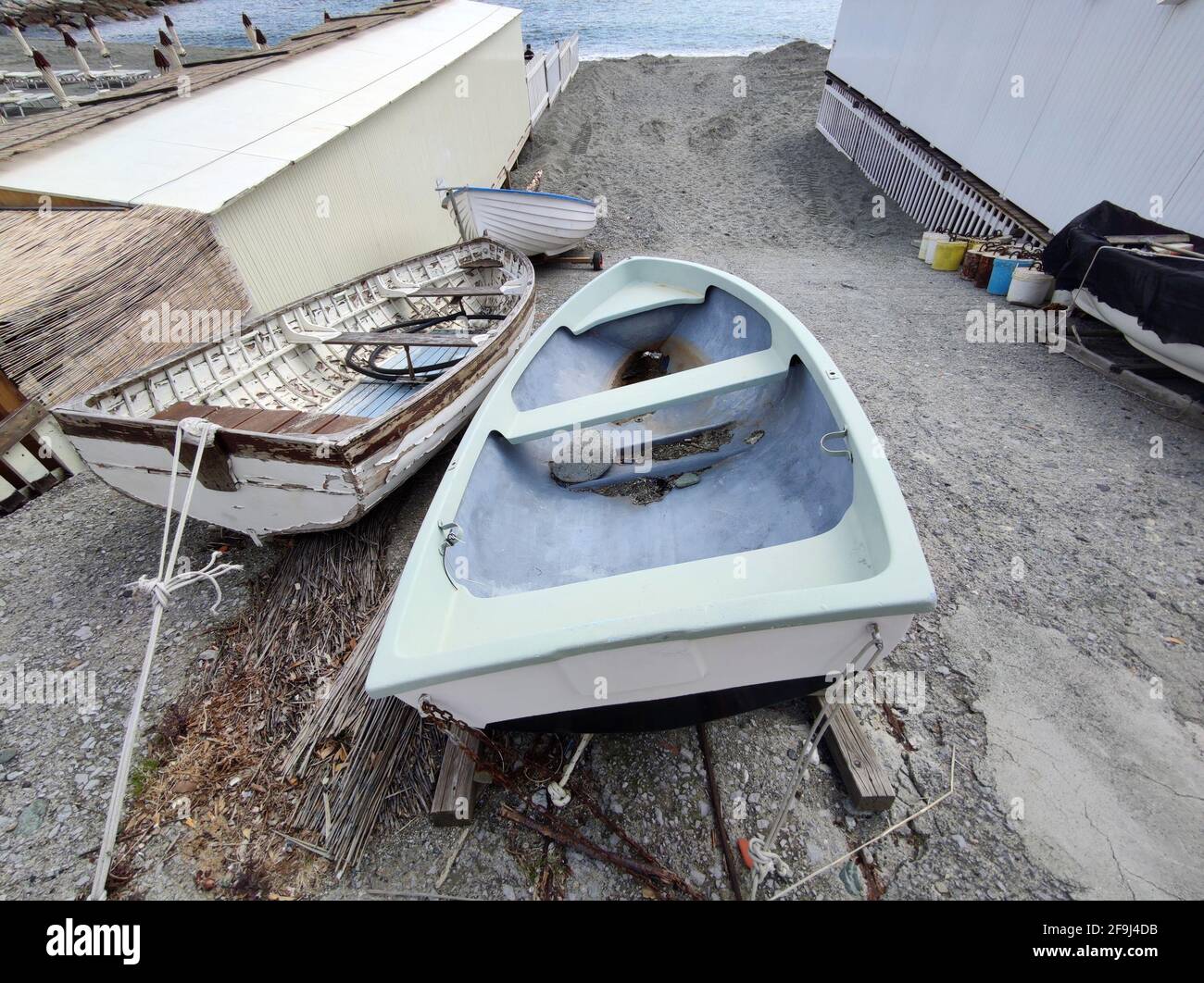 wooden boat by the sea ready for summer season in liguria varazze italy ...